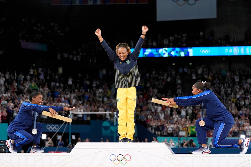 Simone Biles, Jordan Chiles bow to Brazil’s Rebeca Andrade during medal ... Simone Biles, Jordan Chiles bow to Brazil’s Rebeca Andrade during medal ...
